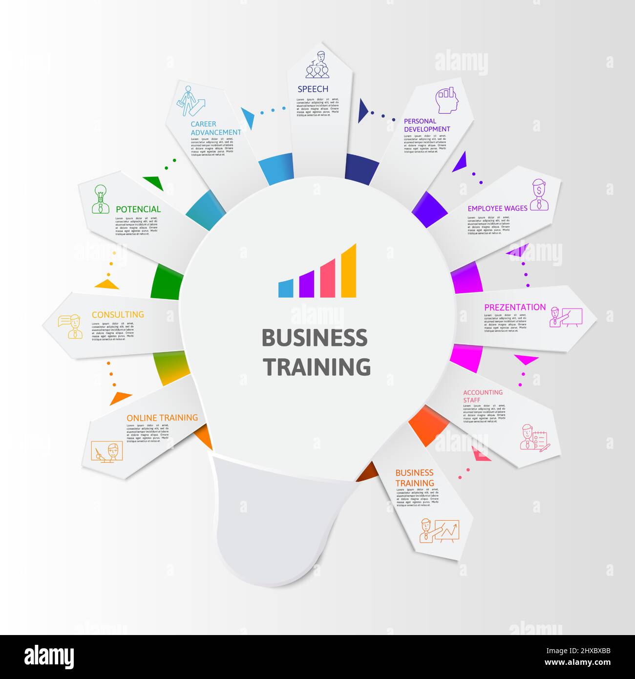 Infographic Business Training template. Icons in different colors ...