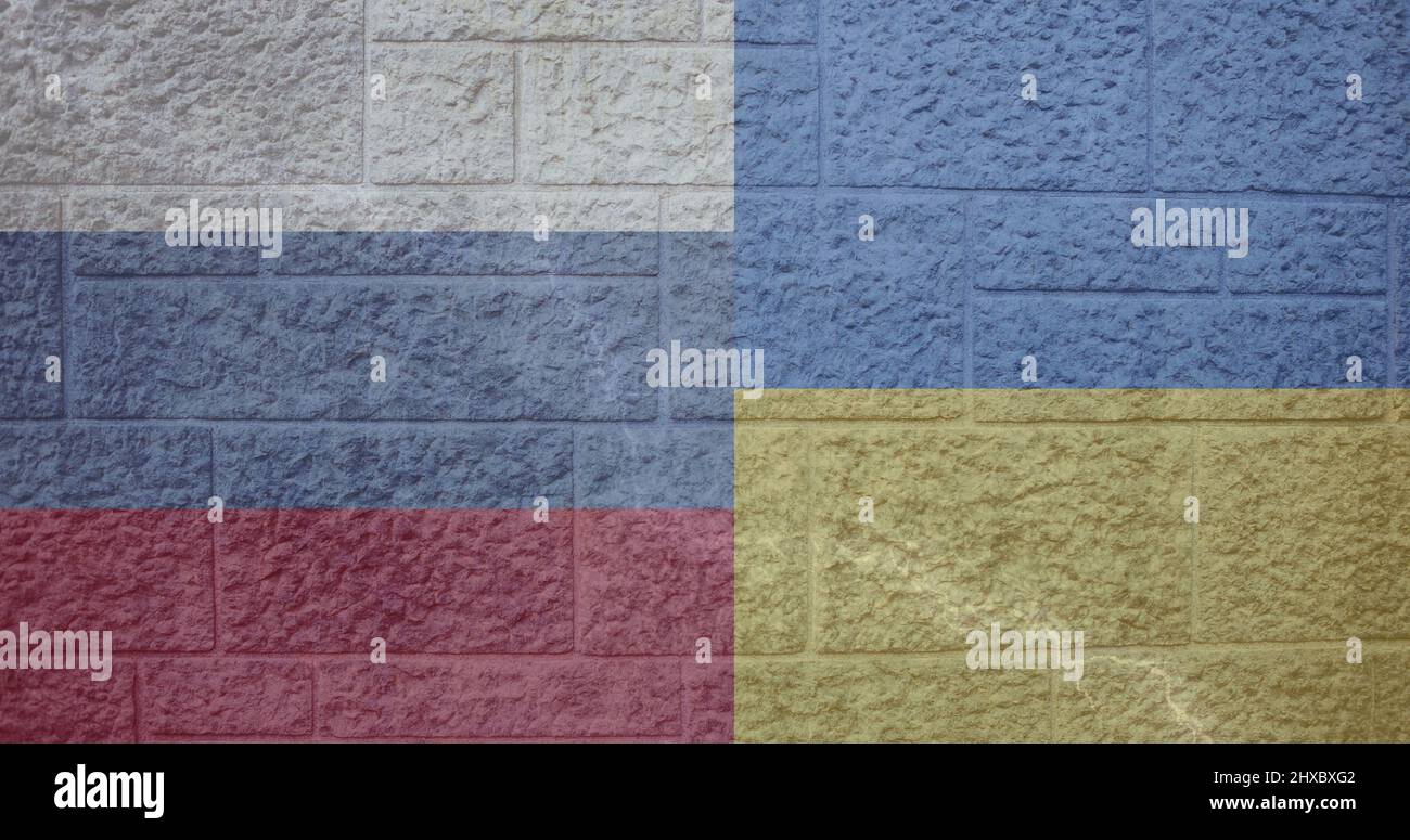 Image of flags of ukraine and russia on brick background Stock Photo ...