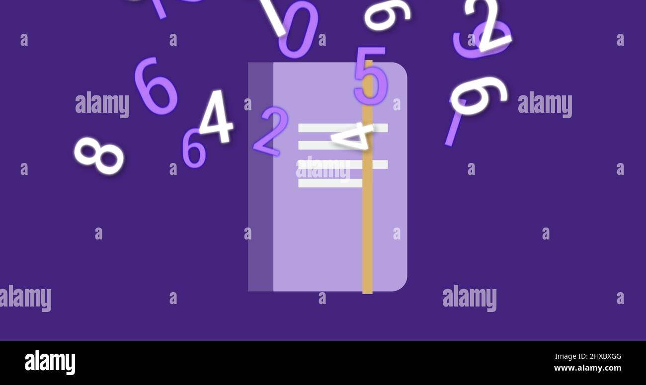 Image of numbers and notebook on purple background Stock Photo - Alamy