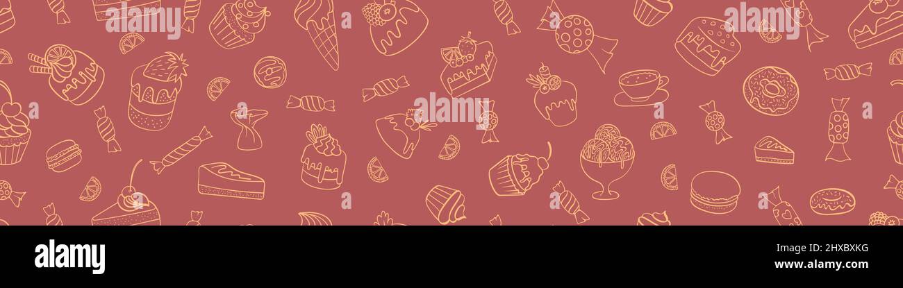 Seamless horizontal border with cakes and sweets. Hand drawn doodle ...