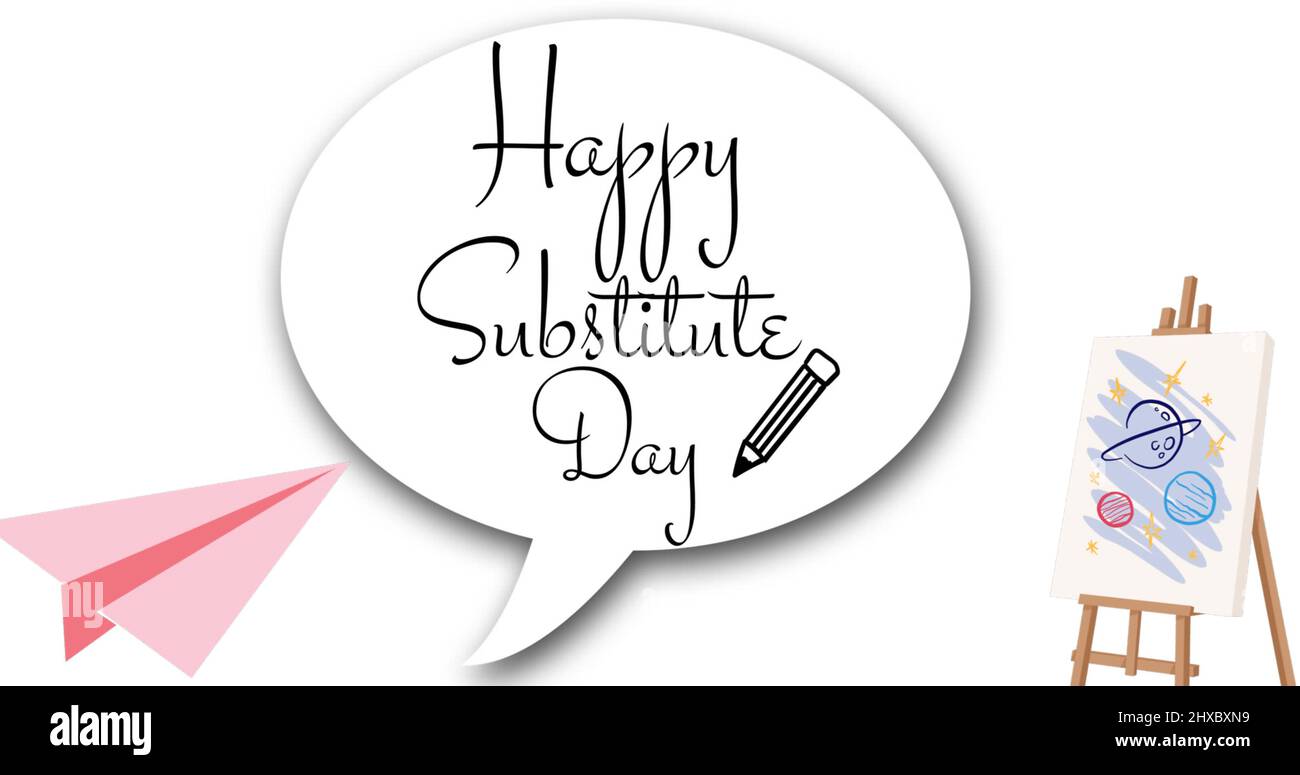 Image of happy substitute day text over school icons on white ...