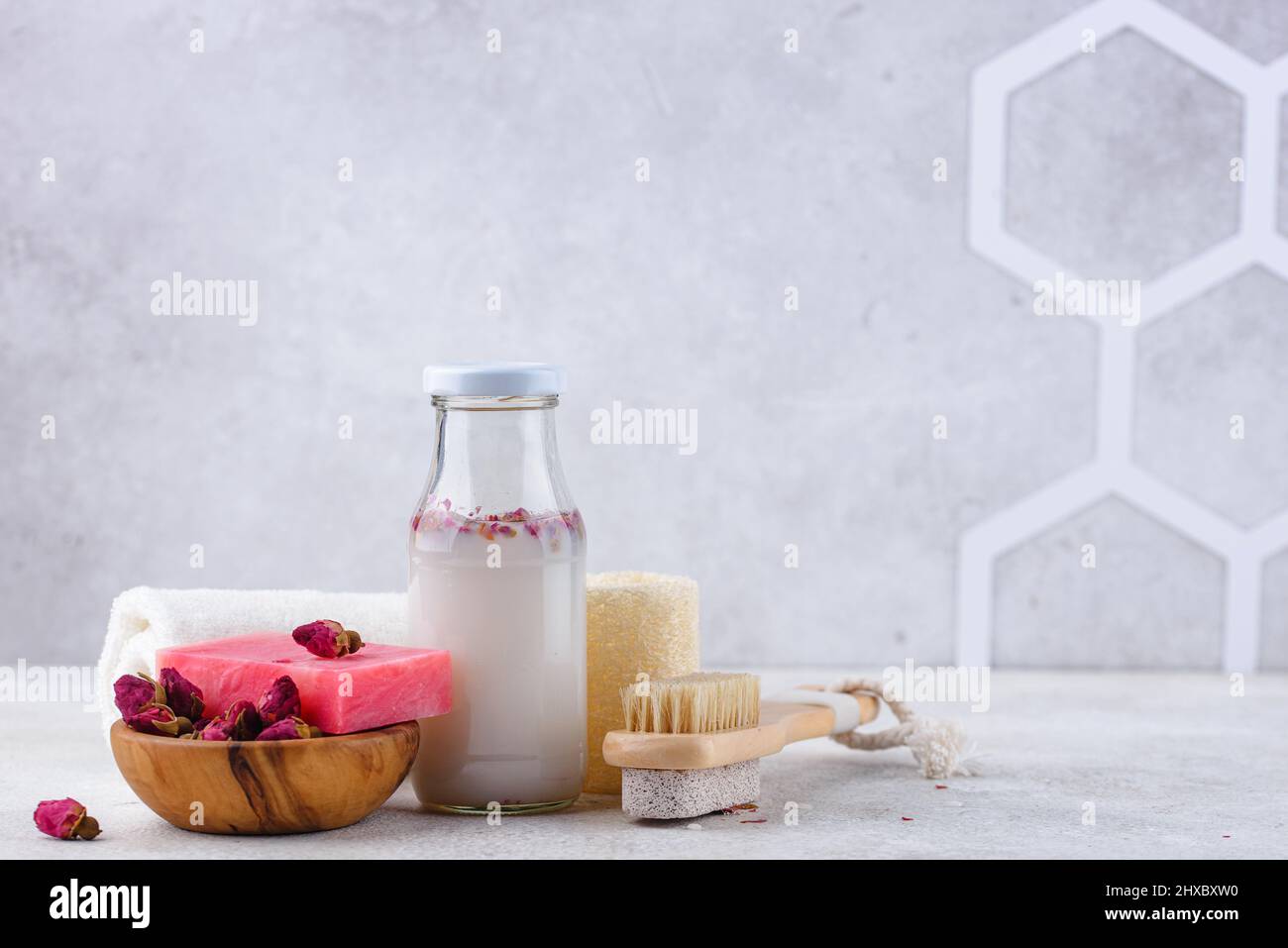 Rose petals water. Fermented beauty cosmetic Stock Photo - Alamy