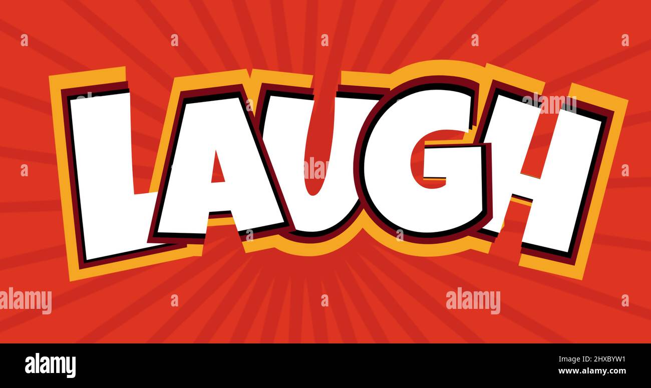 Digitally generated image of laugh text in capital letter against red ...