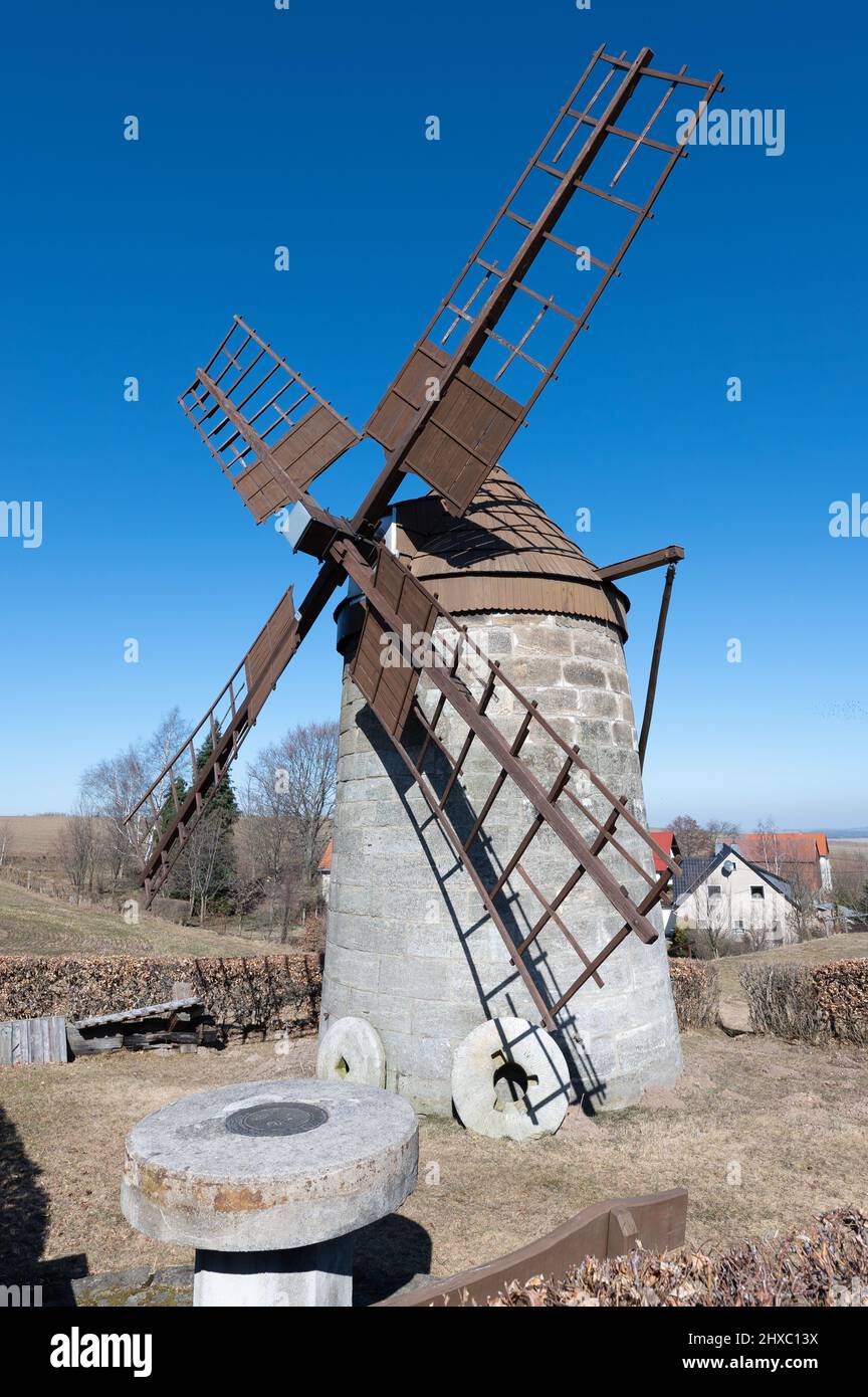 11 March 2022, Saxony, Reichstädt: A millstone lies in front of the ...