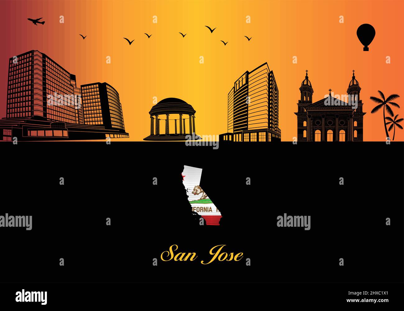 San Jose city skyline silhouette - illustration, Town in Orange ...