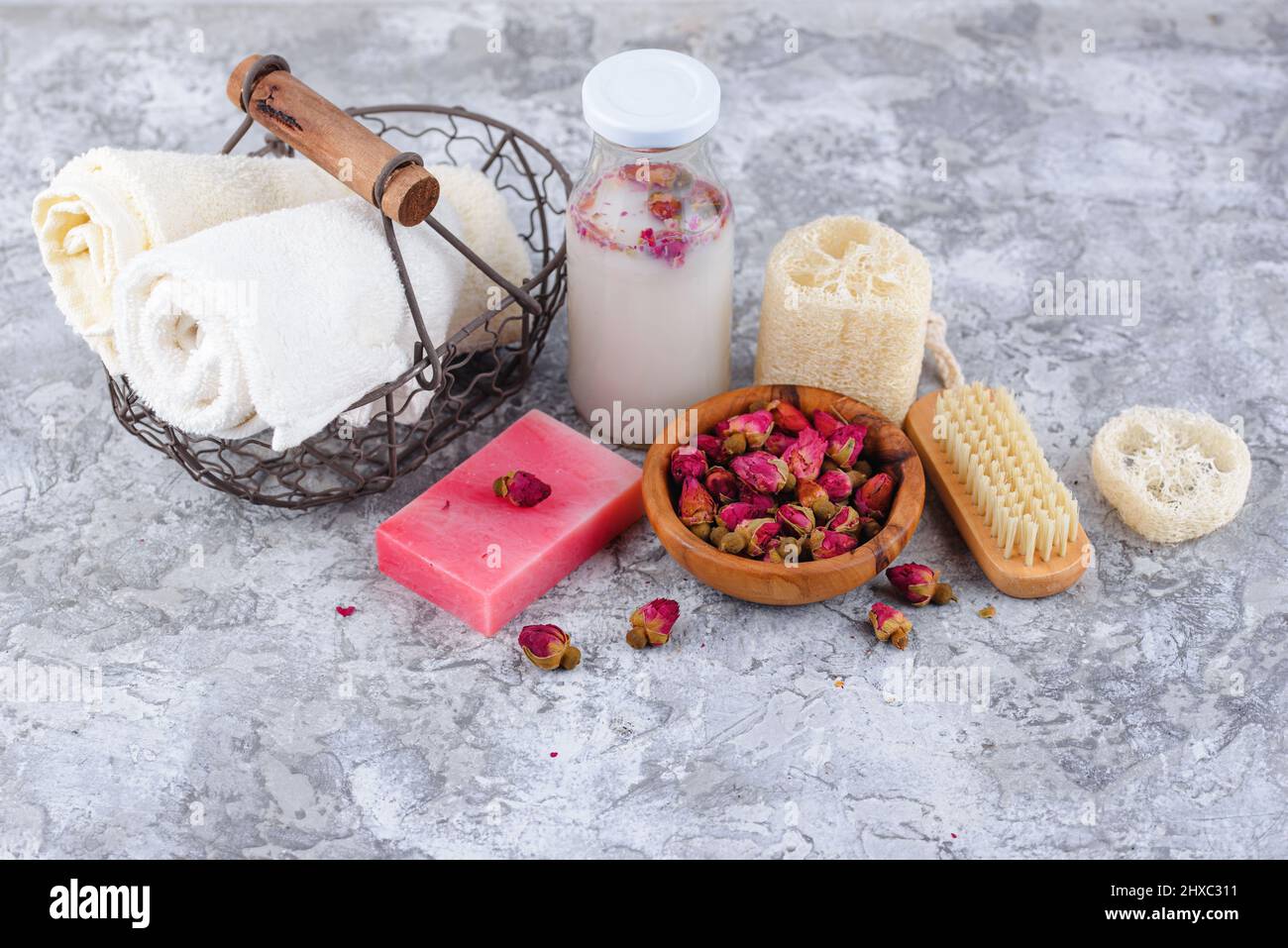Rose petals water. Fermented beauty cosmetic Stock Photo - Alamy