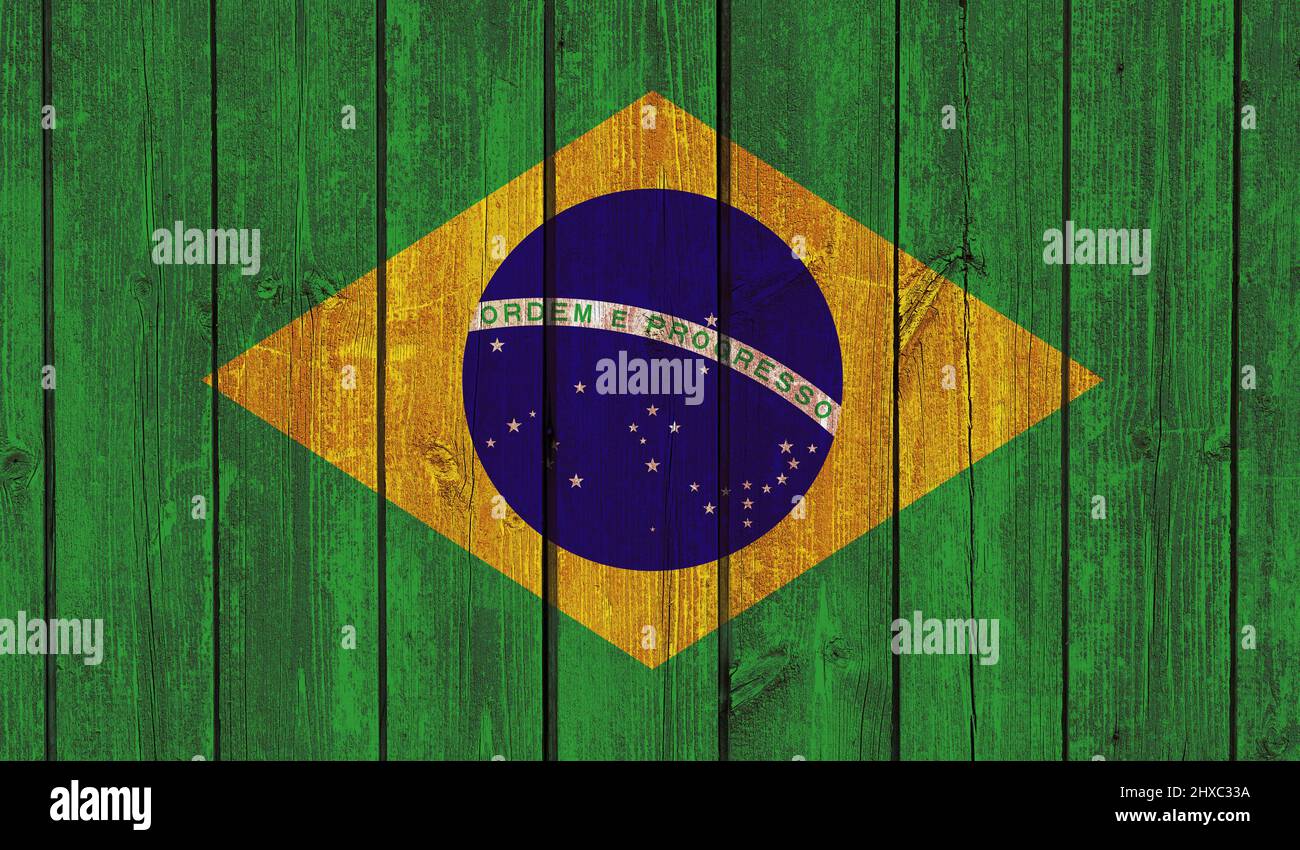 Top view of Old Painted Flag of Brazil on Dark Wooden Fence, wall ...