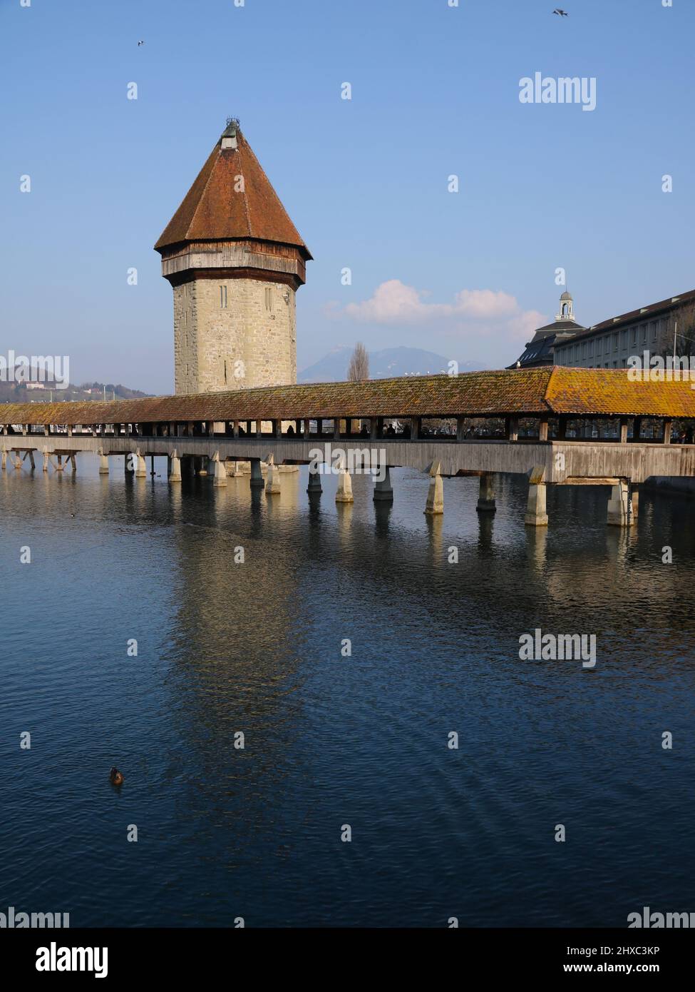 Historic Water Tower of the famous timber bridge in Lucerne, the Chapel ...