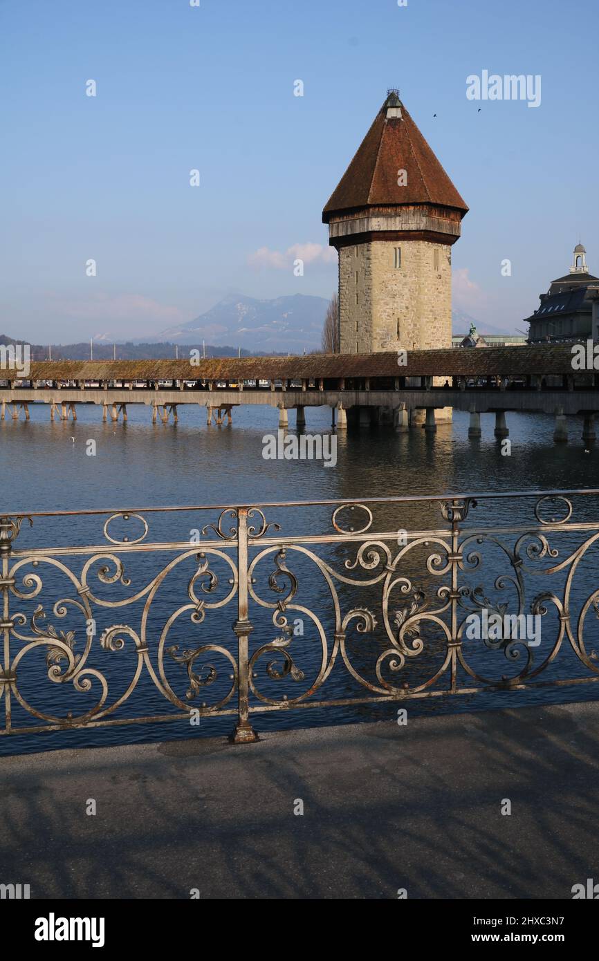 Historic Water Tower of the famous timber bridge in Lucerne, the Chapel ...