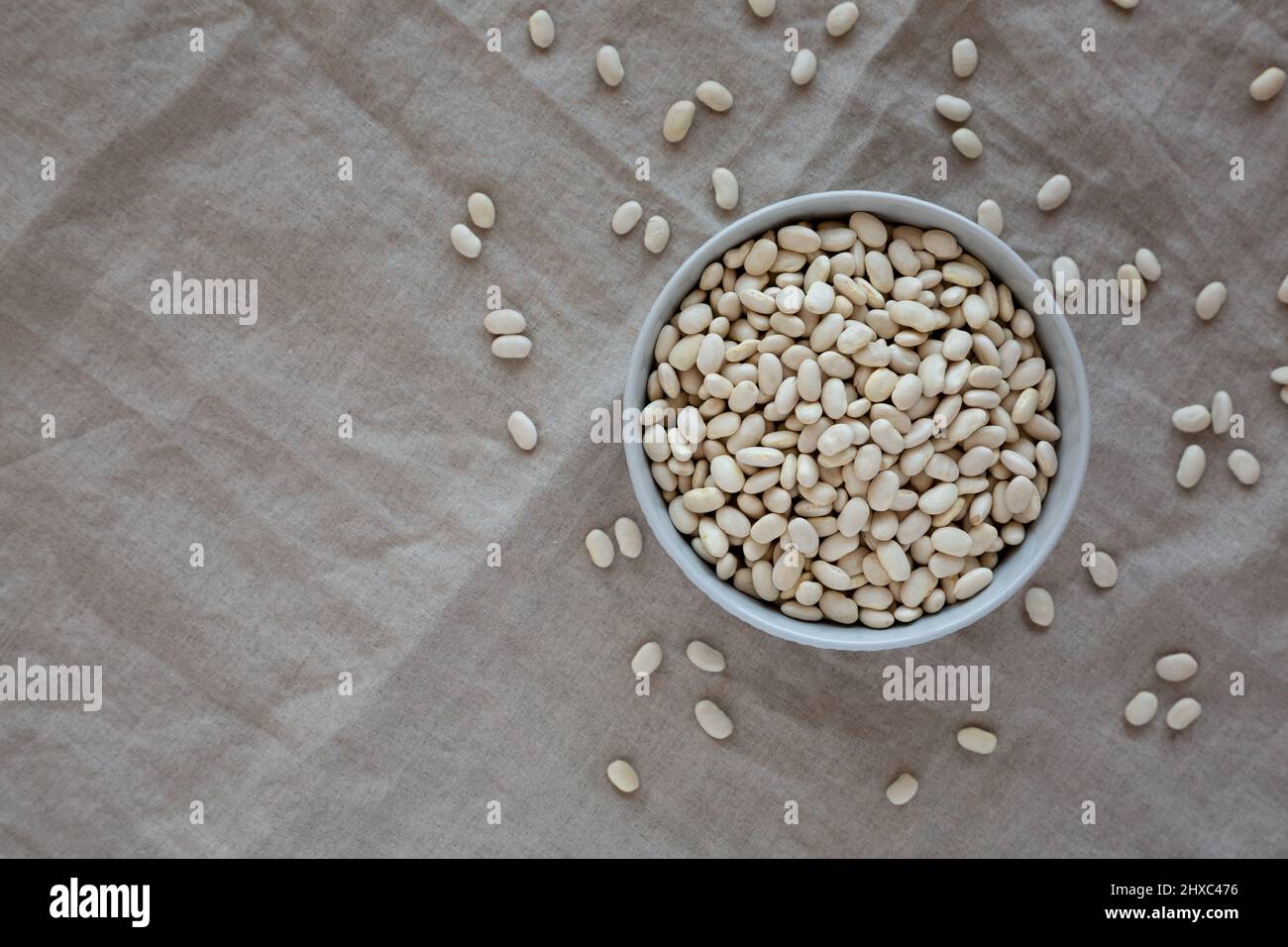 Raw Organic Dry White Beans in a Gray Bowl, top view. Flat lay ...