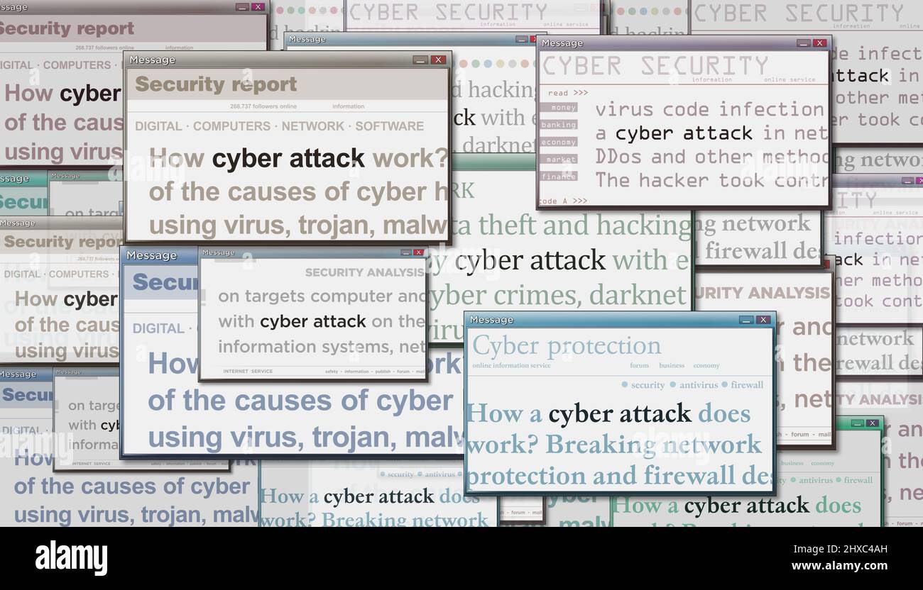 Headline news across international media with cyber attack, hacking and ...