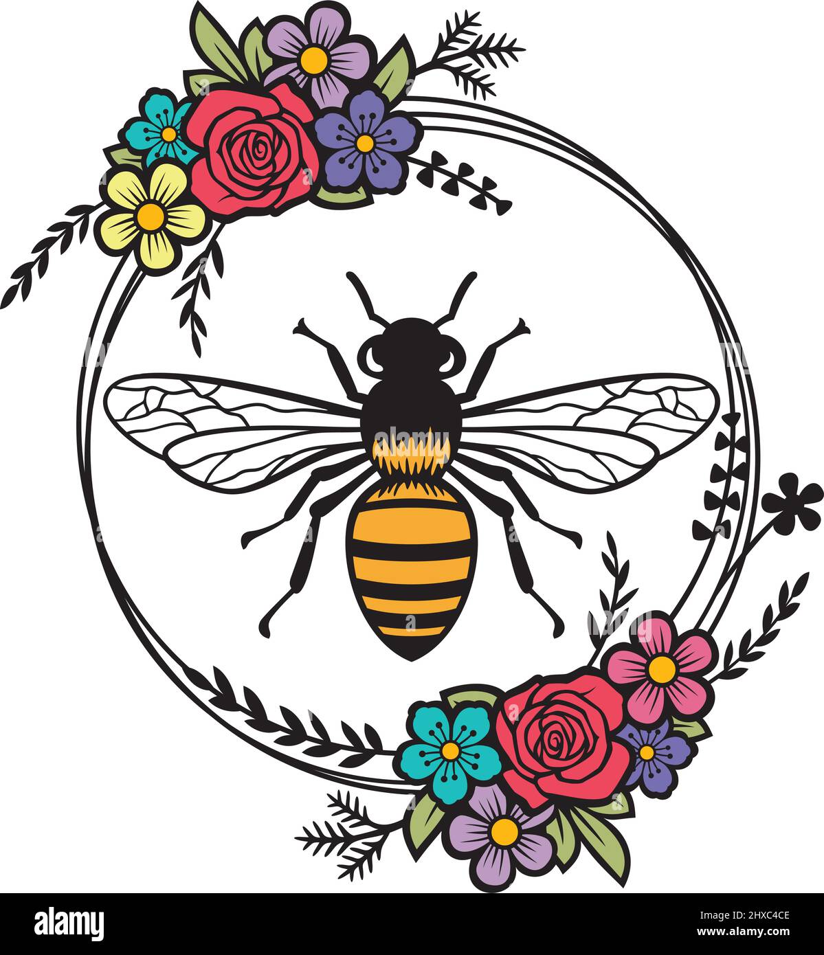 Bee and floral circle frame color. Vector illustration Stock Vector ...