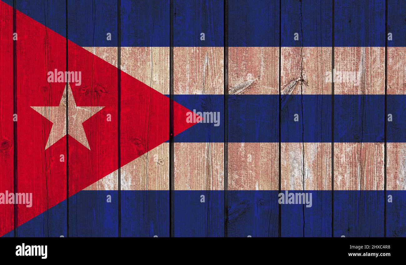 Top view of Old Painted Flag of Cuba on Dark Wooden Fence, wall ...