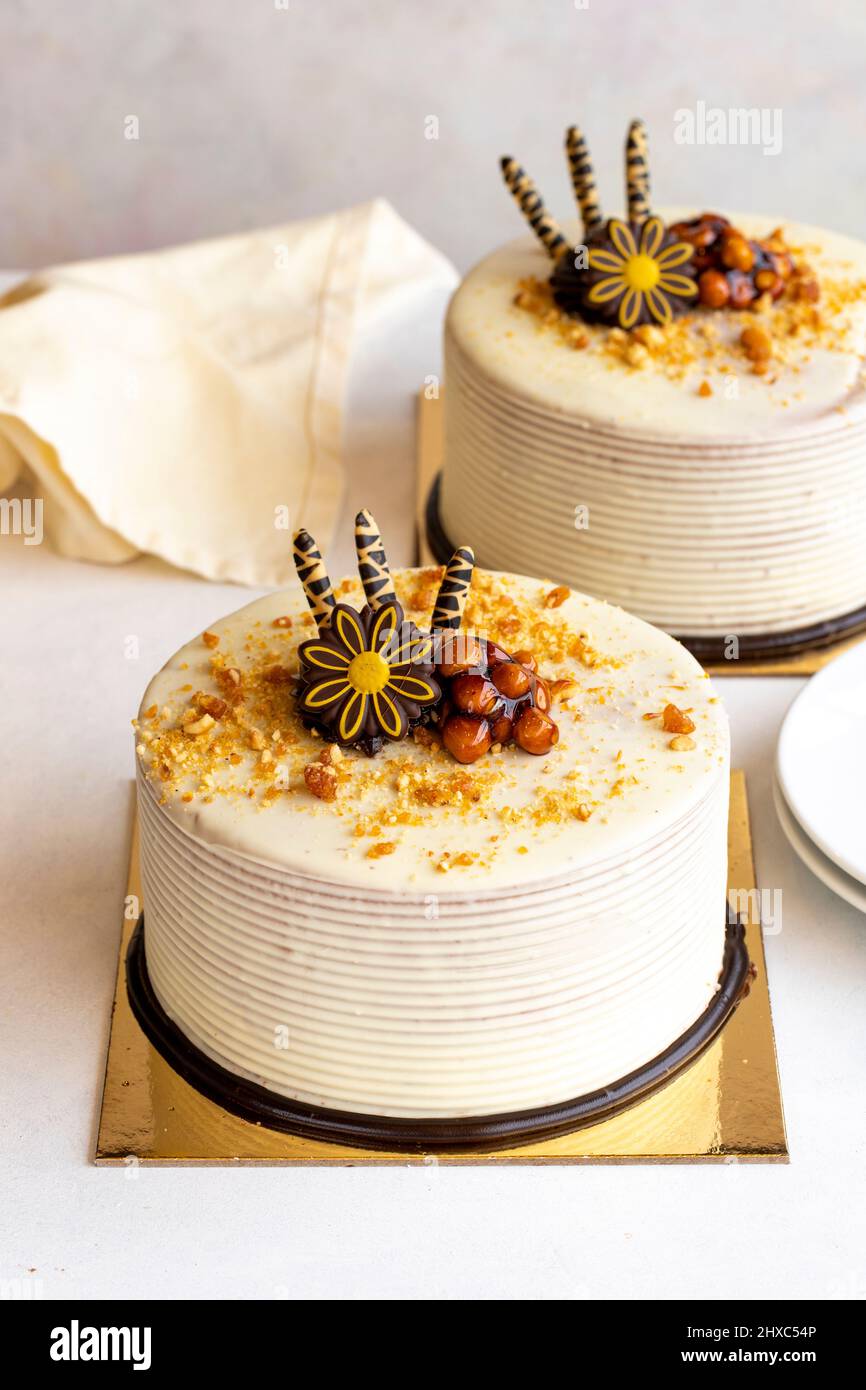 Celebratory cake with white chocolate croquant on a white background ...