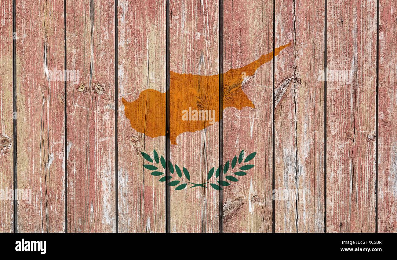 Top view of Old Painted Flag of Cyprus on Dark Wooden Fence, wall ...
