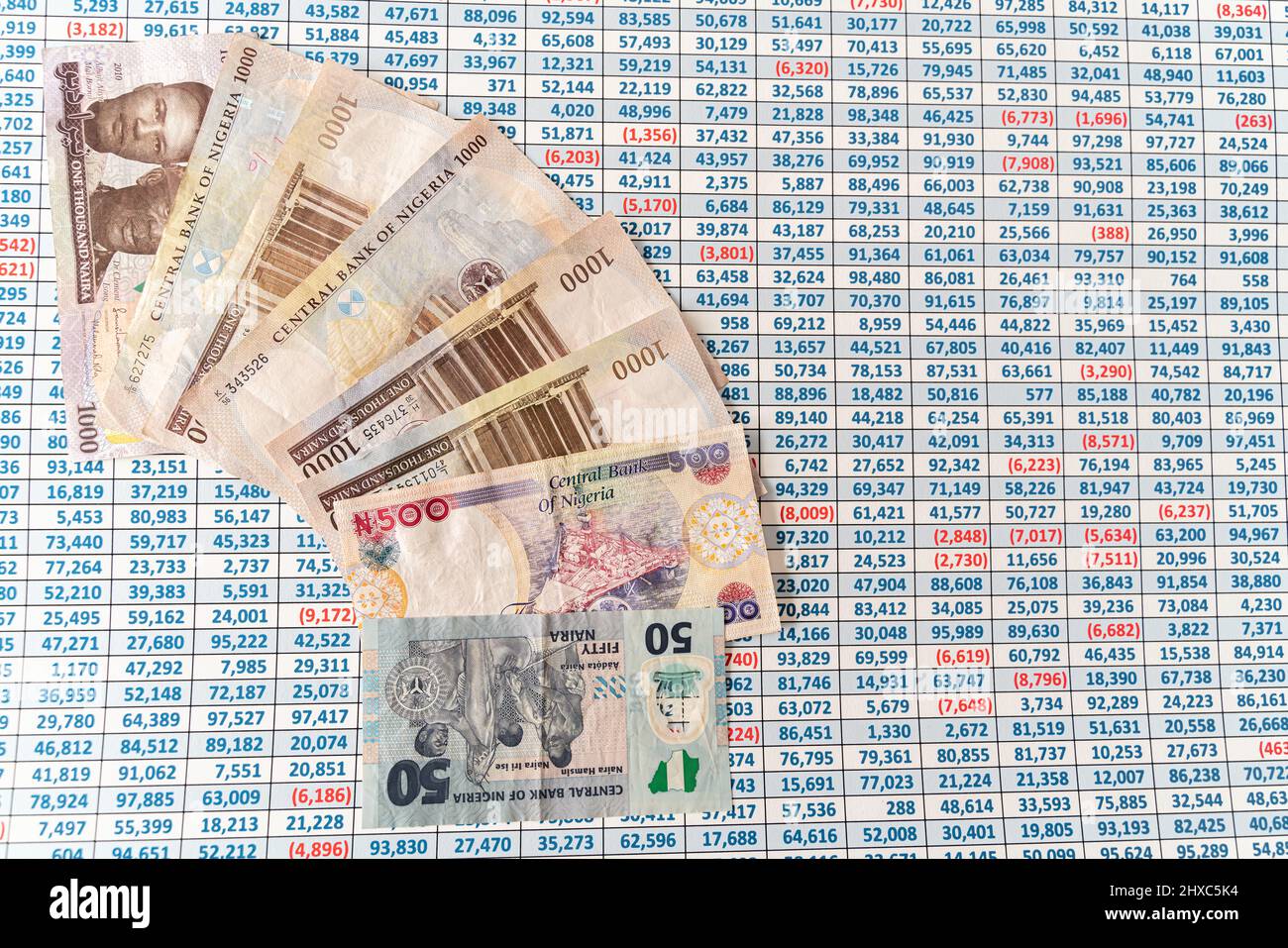 Collection of Nigerian Naira money bank notes on a spreadsheet Stock ...