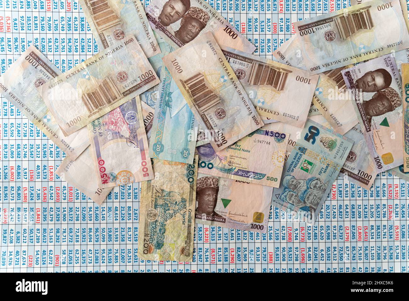 Collection of Nigerian Naira money bank notes on a spreadsheet Stock ...