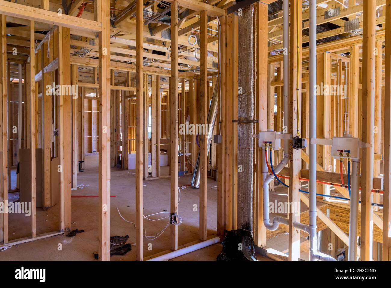 Installing hot red and cold blue pex pipe layout PVC waste water system ...