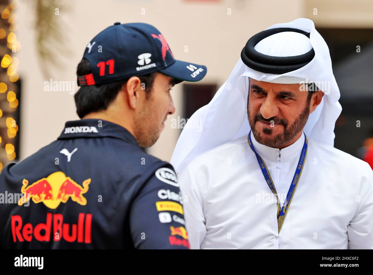 Bahrain, UAE. 11th Mar 2022. Sergio Perez (MEX) Red Bull Racing with Mohammed Bin Sulayem (UAE ...