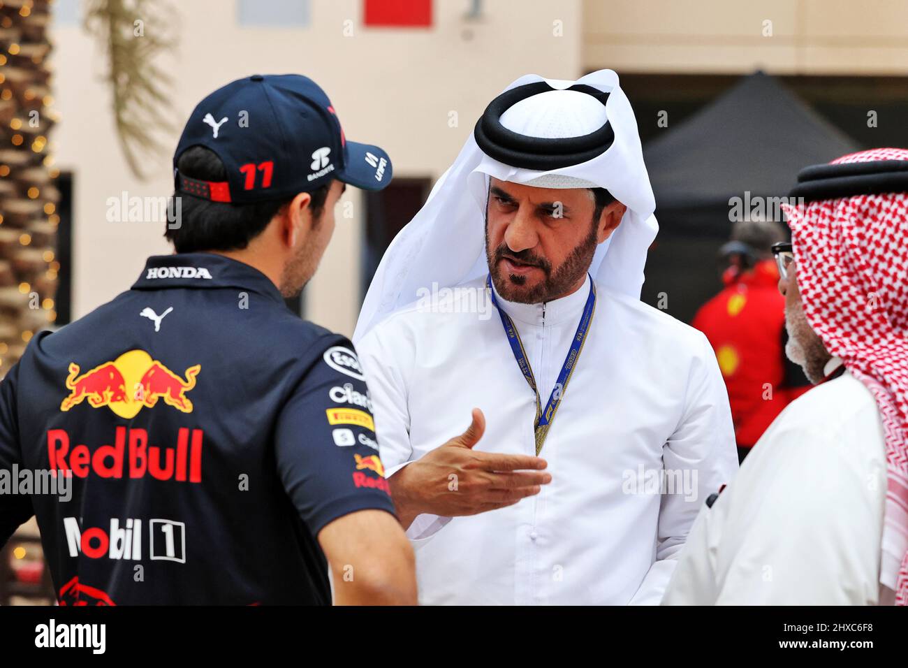 Bahrain, UAE. 11th Mar 2022. Sergio Perez (MEX) Red Bull Racing with Mohammed Bin Sulayem (UAE ...
