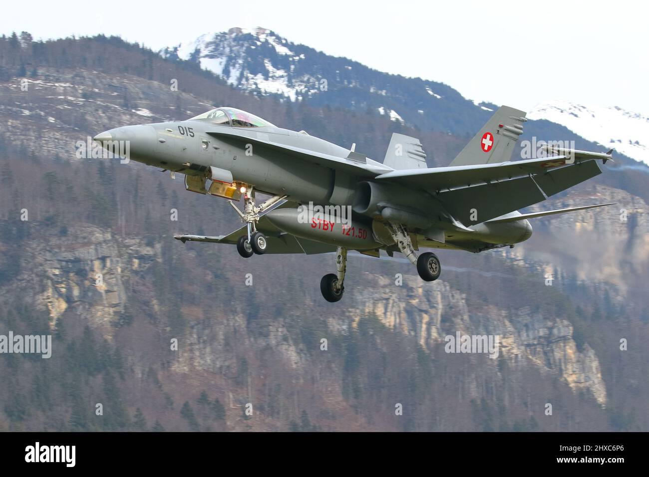 Swiss F-18 aircraft in the Swiss mountainside Stock Photo - Alamy