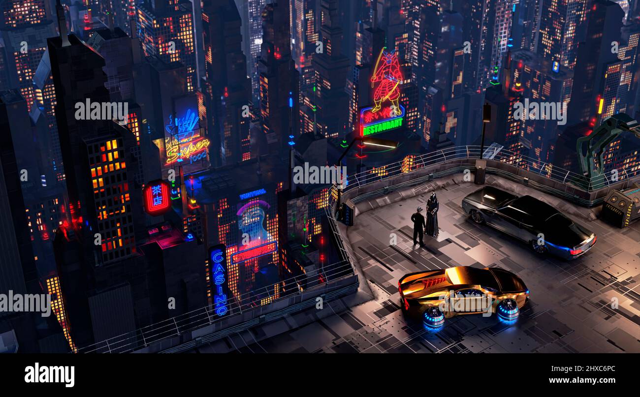 Futuristic Cyberpunk Night City Scene. 3D illustration Stock Photo - Alamy