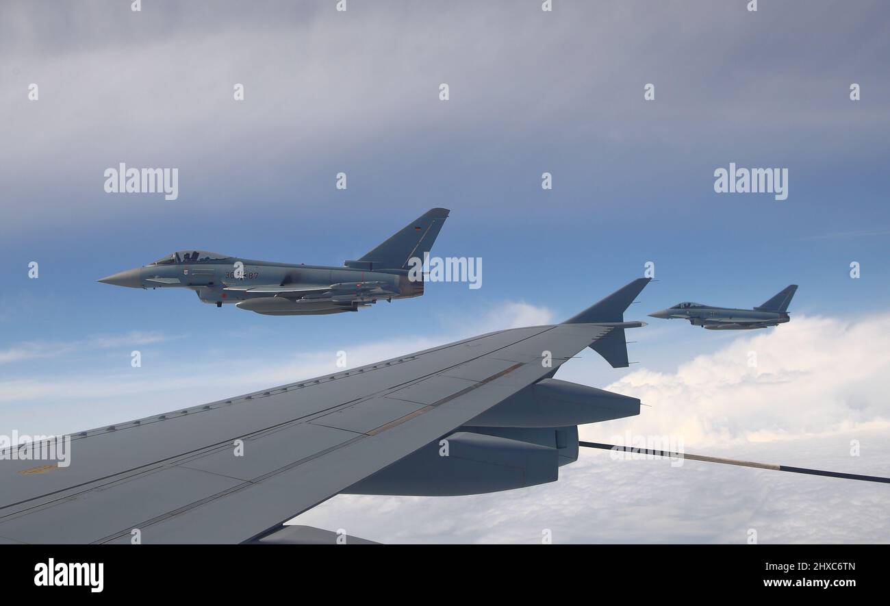 German Eurofighter aircraft during an air to air refueling mission ...