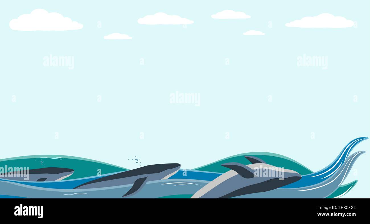Sea life cartoon background with three whales on tides in the ocean ...