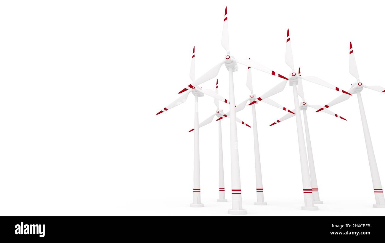 3d render of group of wind turbines in white red colors Stock Photo - Alamy