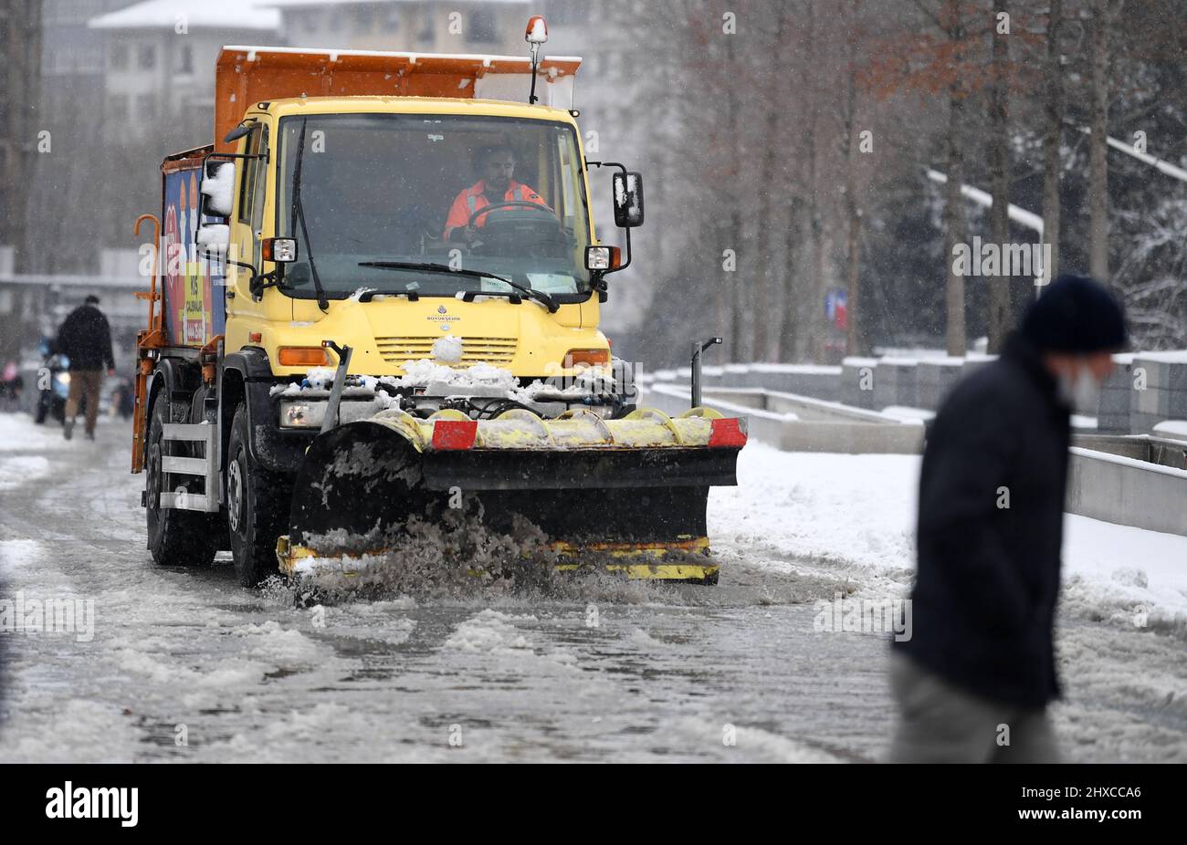 Istanbul, Turkey. 11th Mar, 2022. A snow plow clears snow at Taksim ...