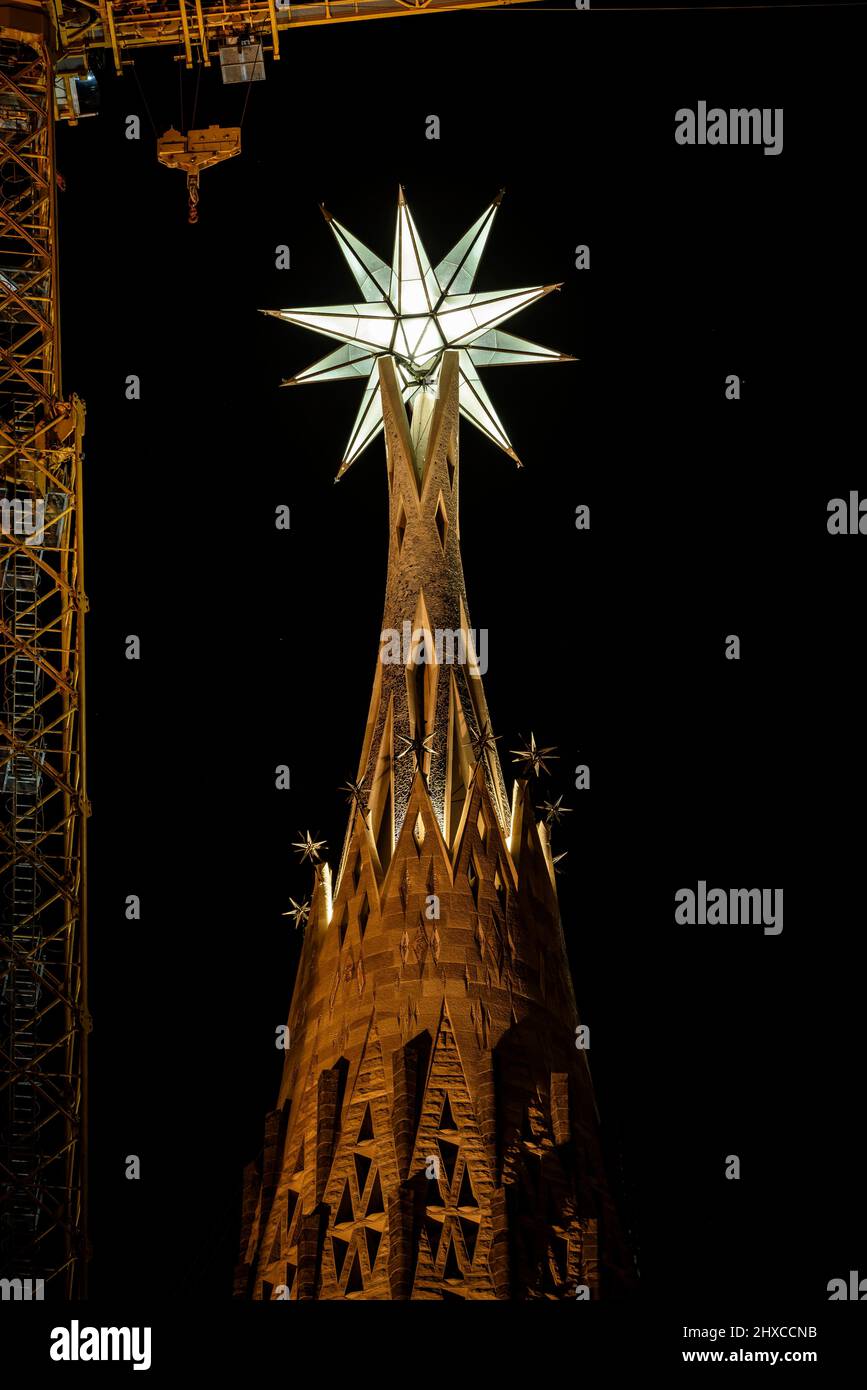 Virgin Mary Tower of the Sagrada Familia at night, seen from Gaudí ...
