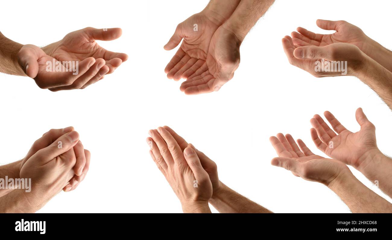Set of man hands with various religious gestures and isolated white ...