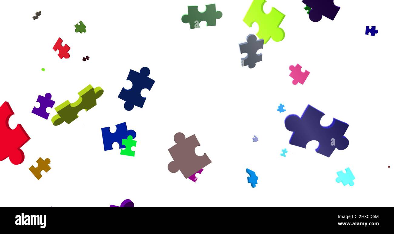 Image of colourful pieces of puzzle falling on white background Stock ...