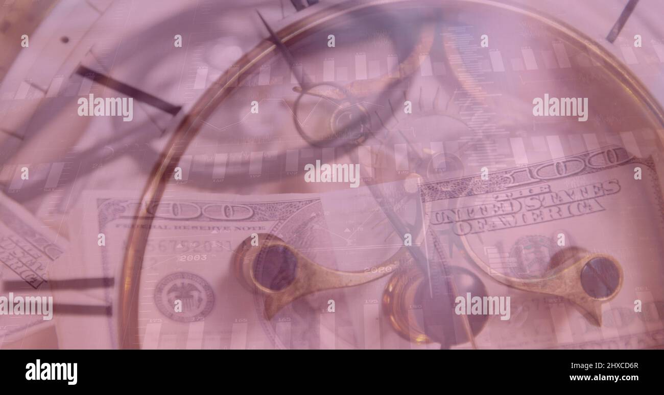 Image of financial data processing and clock over dollars and ...