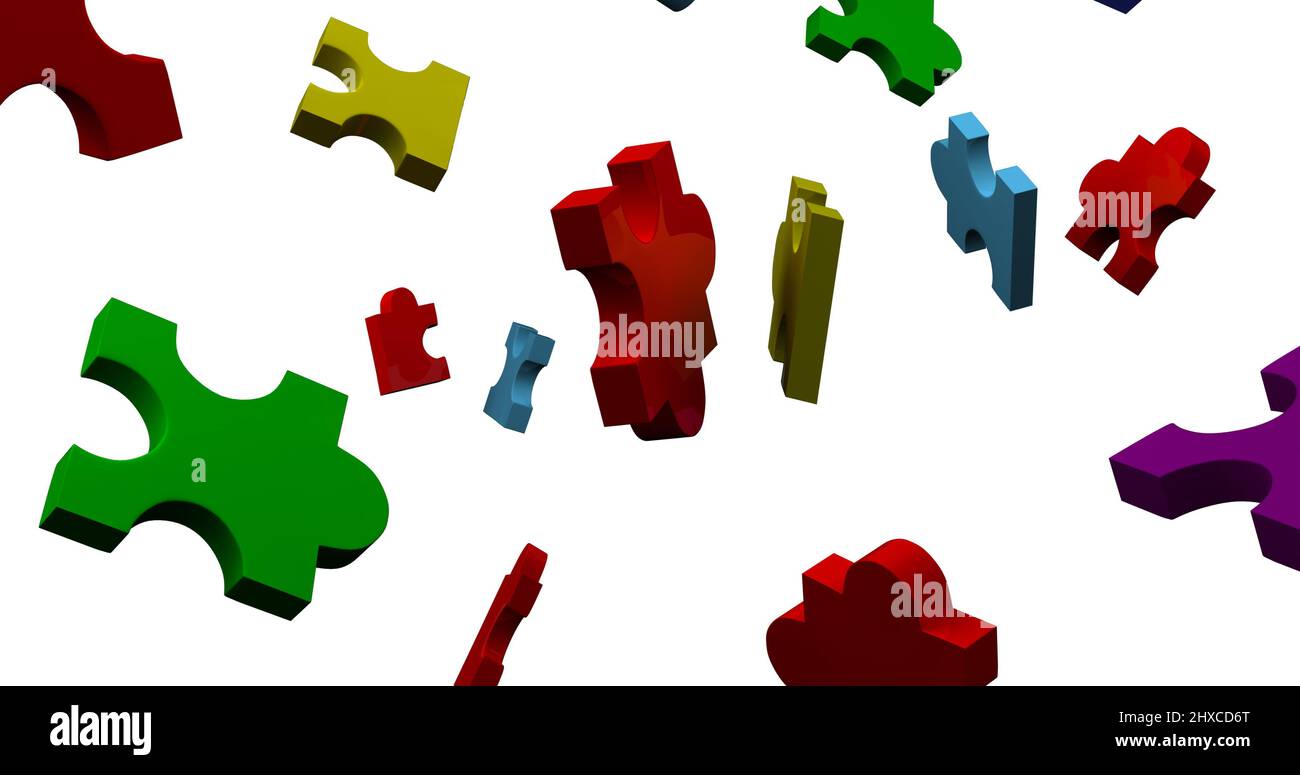 Image of colourful pieces of puzzle falling on white background Stock ...