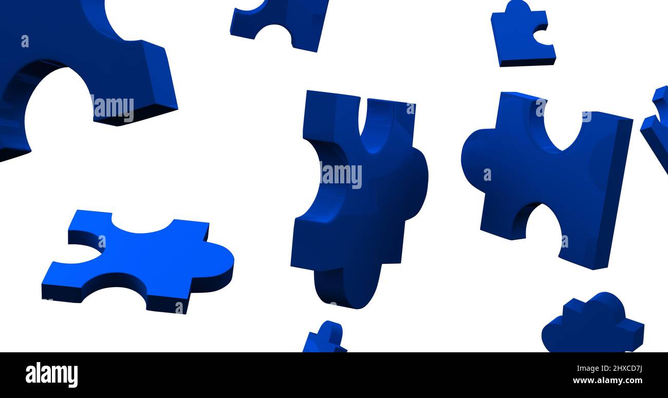 Image of blue pieces of puzzle falling on white background Stock Photo ...