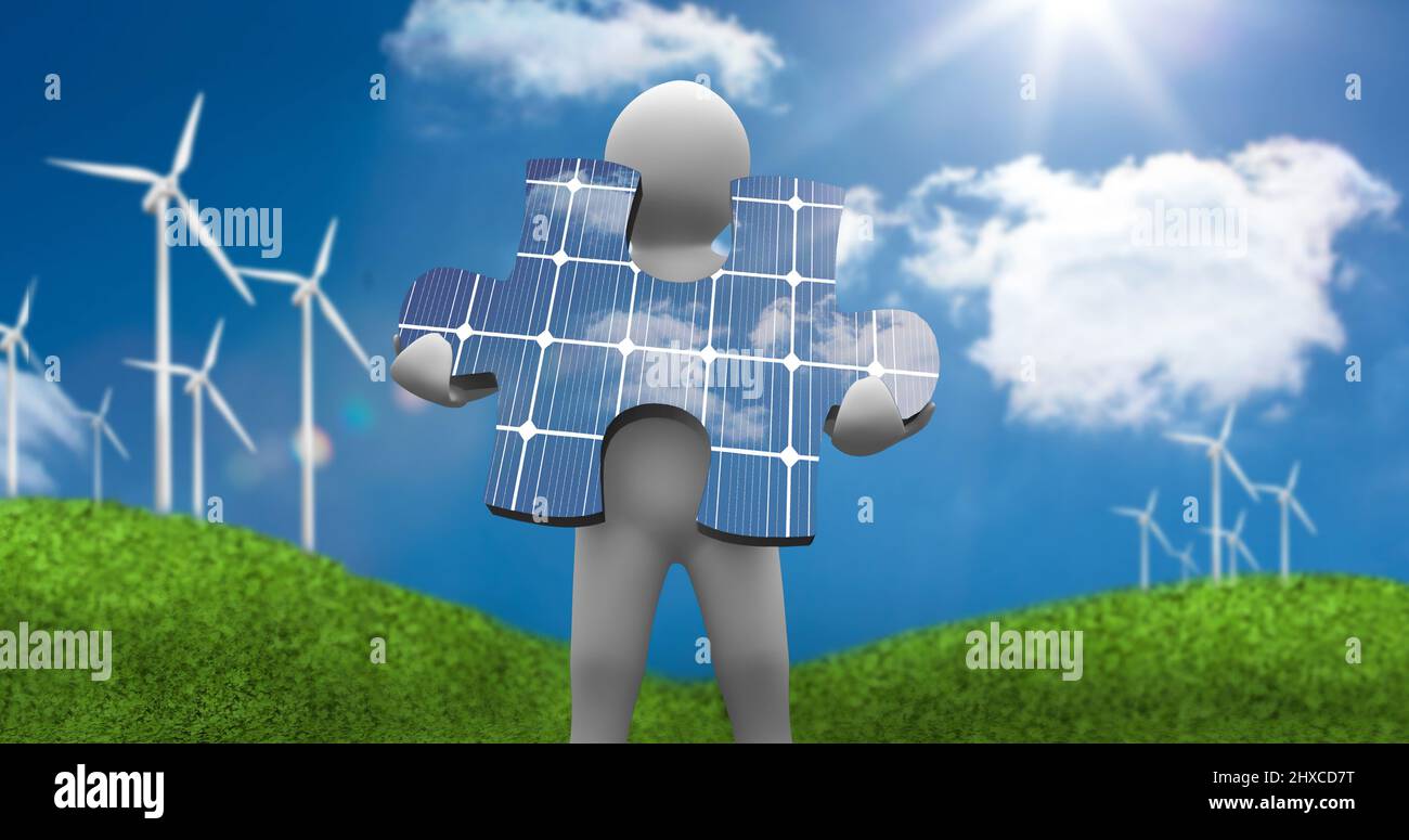 Image of piece of puzzle with solar panels and stick figure over wind ...
