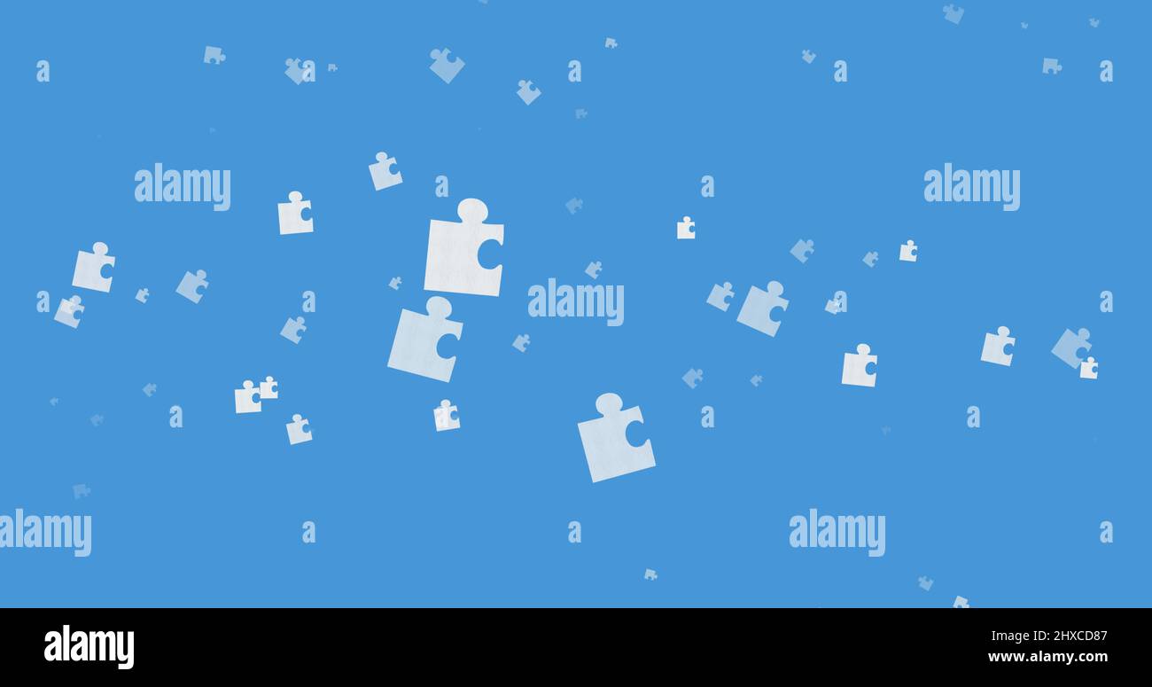 Image of white pieces of puzzle falling on blue background Stock Photo ...