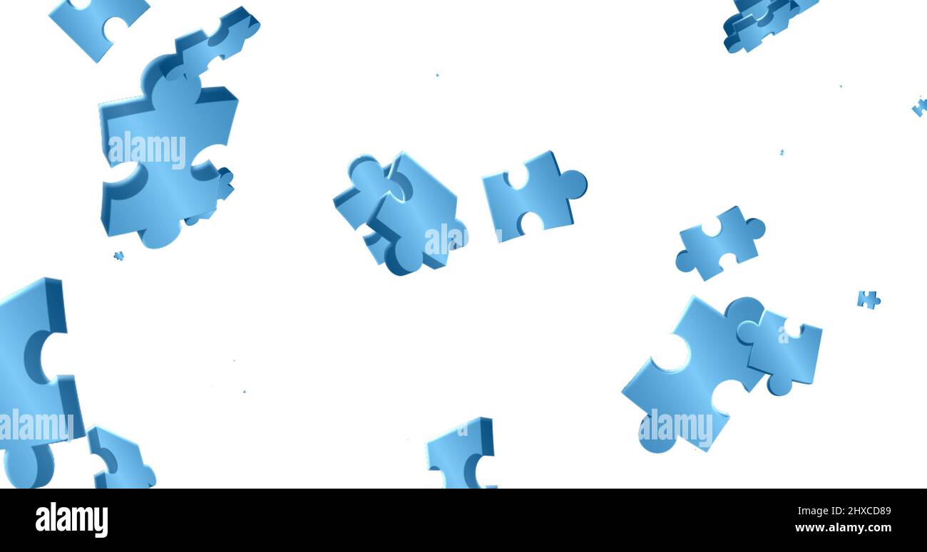 Image of blue pieces of puzzle falling on white background Stock Photo ...