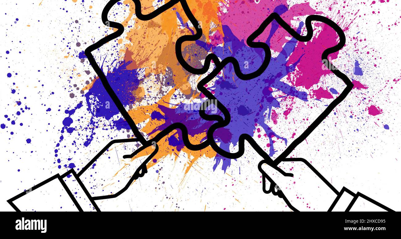 Image of black puzzle pieces over colourful stains Stock Photo - Alamy