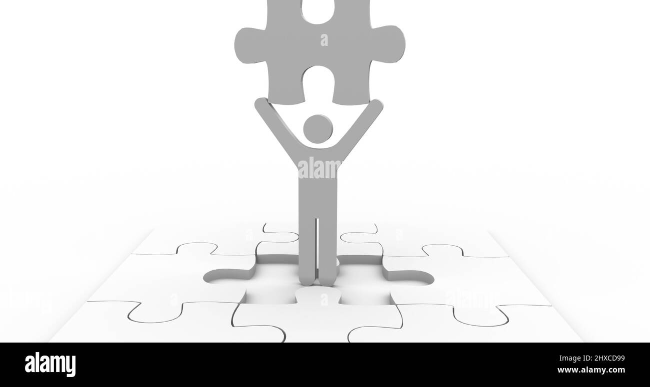 Image of gray stick figure holding gray puzzle piece Stock Photo - Alamy