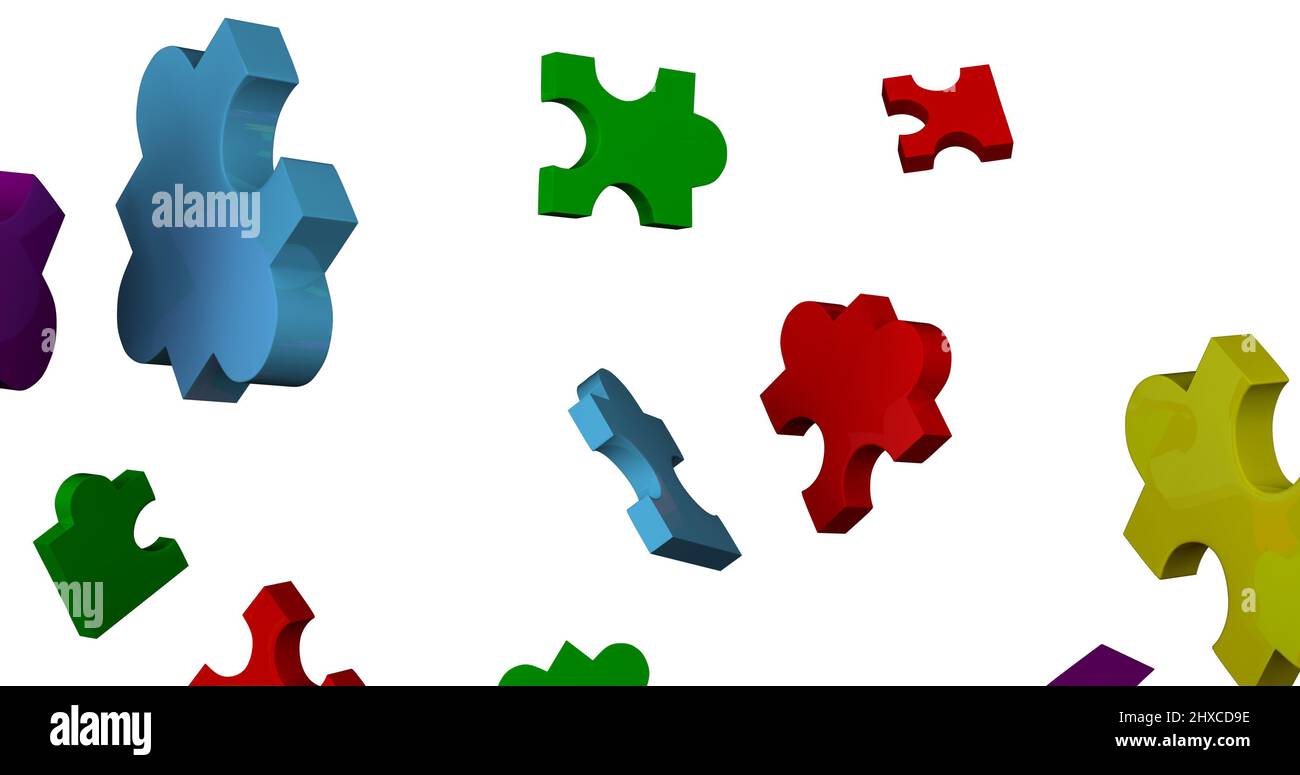 Image of colourful pieces of puzzle falling on white background Stock ...