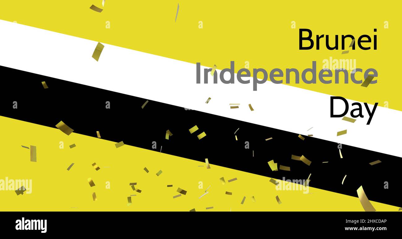 Image of burnei independence day text and confetti over flag of burnei ...