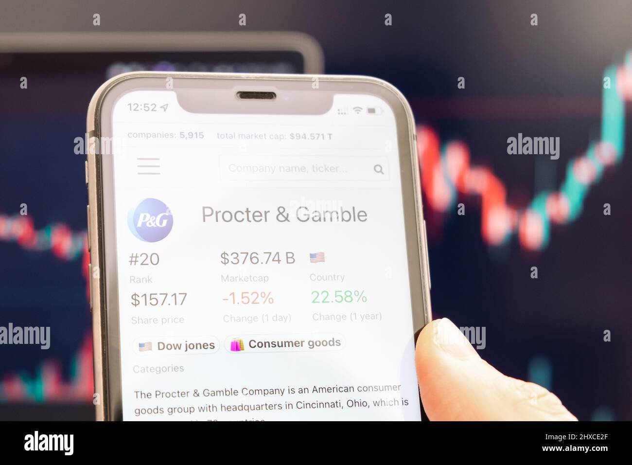Procter and Gamble logo of stock price on the screen of smartphone in ...
