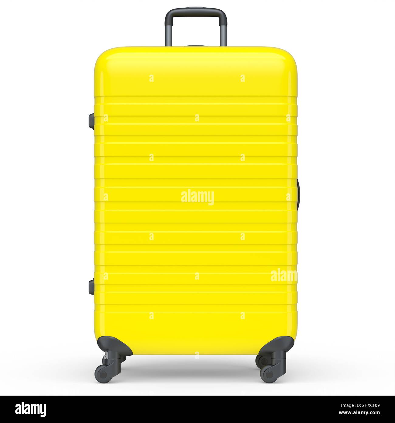 Large yellow polycarbonate suitcase isolated on white background. 3d ...
