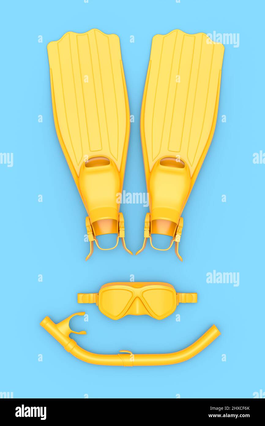 Colorful scuba mask, flippers and snorkeling tube on monochrome blue ...