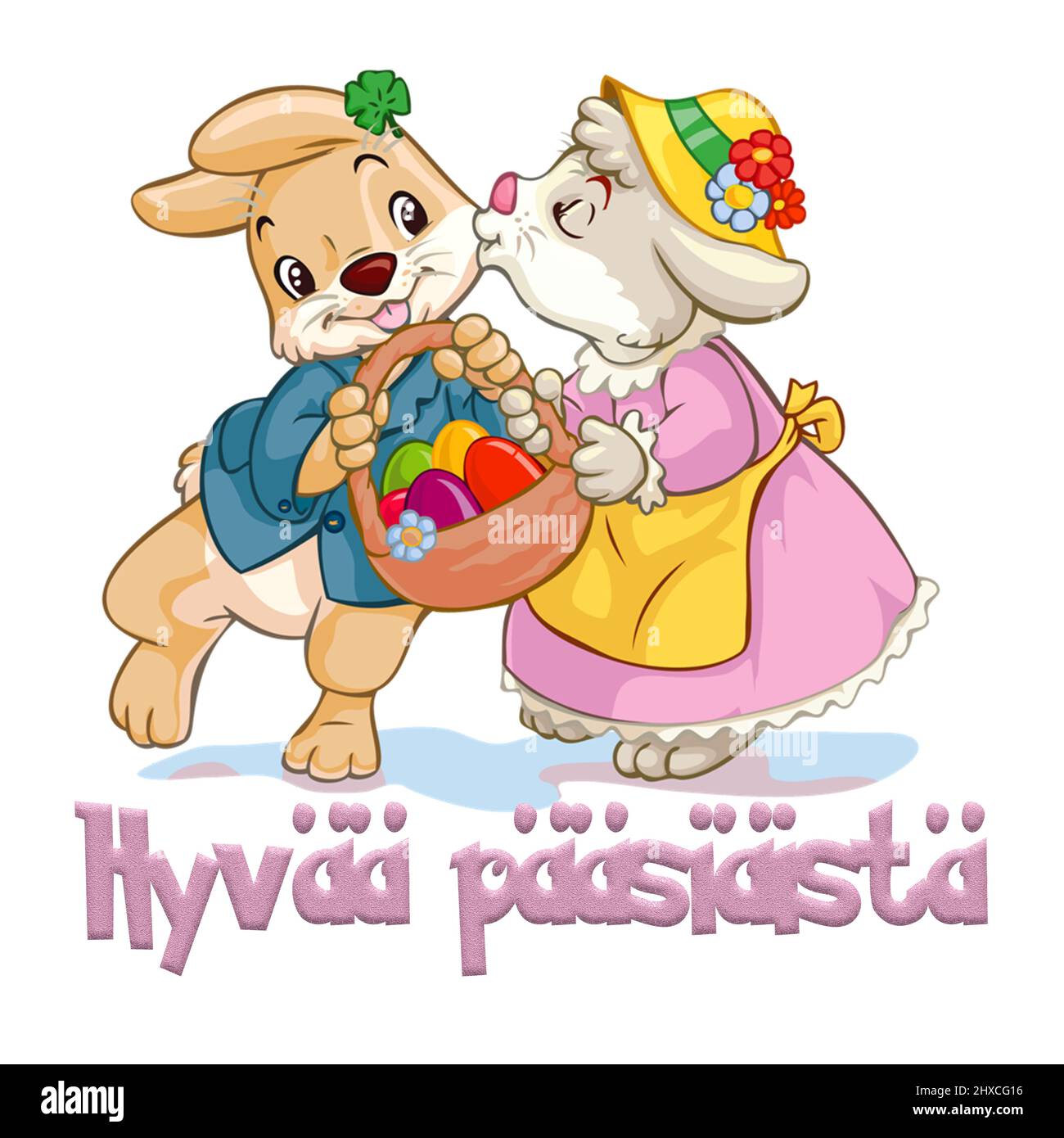 Image, drawing depicting a bunny kissing a bunny with basket of Easter ...