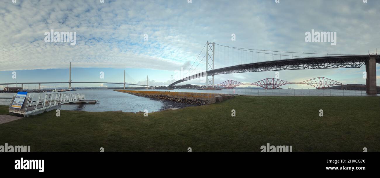 Panorama of three bridges. Forth Bridges and Queensferry Crossing ...