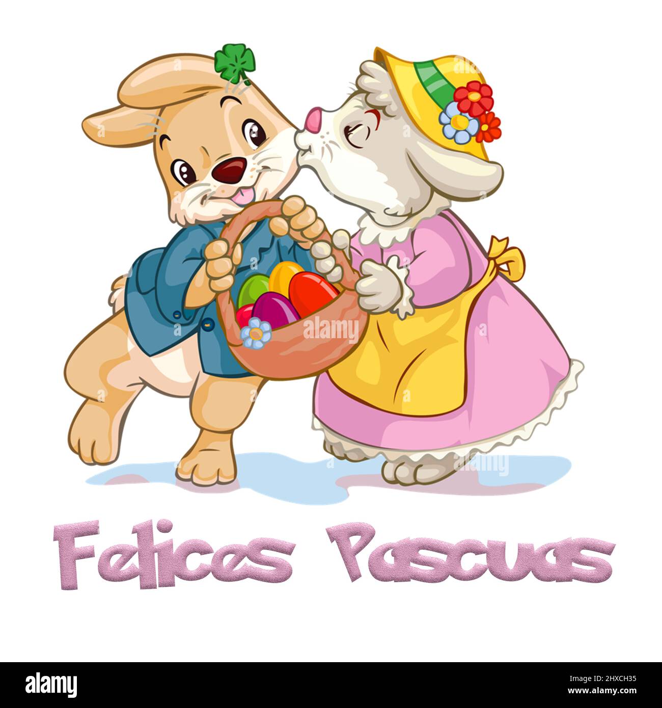 Image, drawing depicting a bunny kissing a bunny with basket of Easter ...