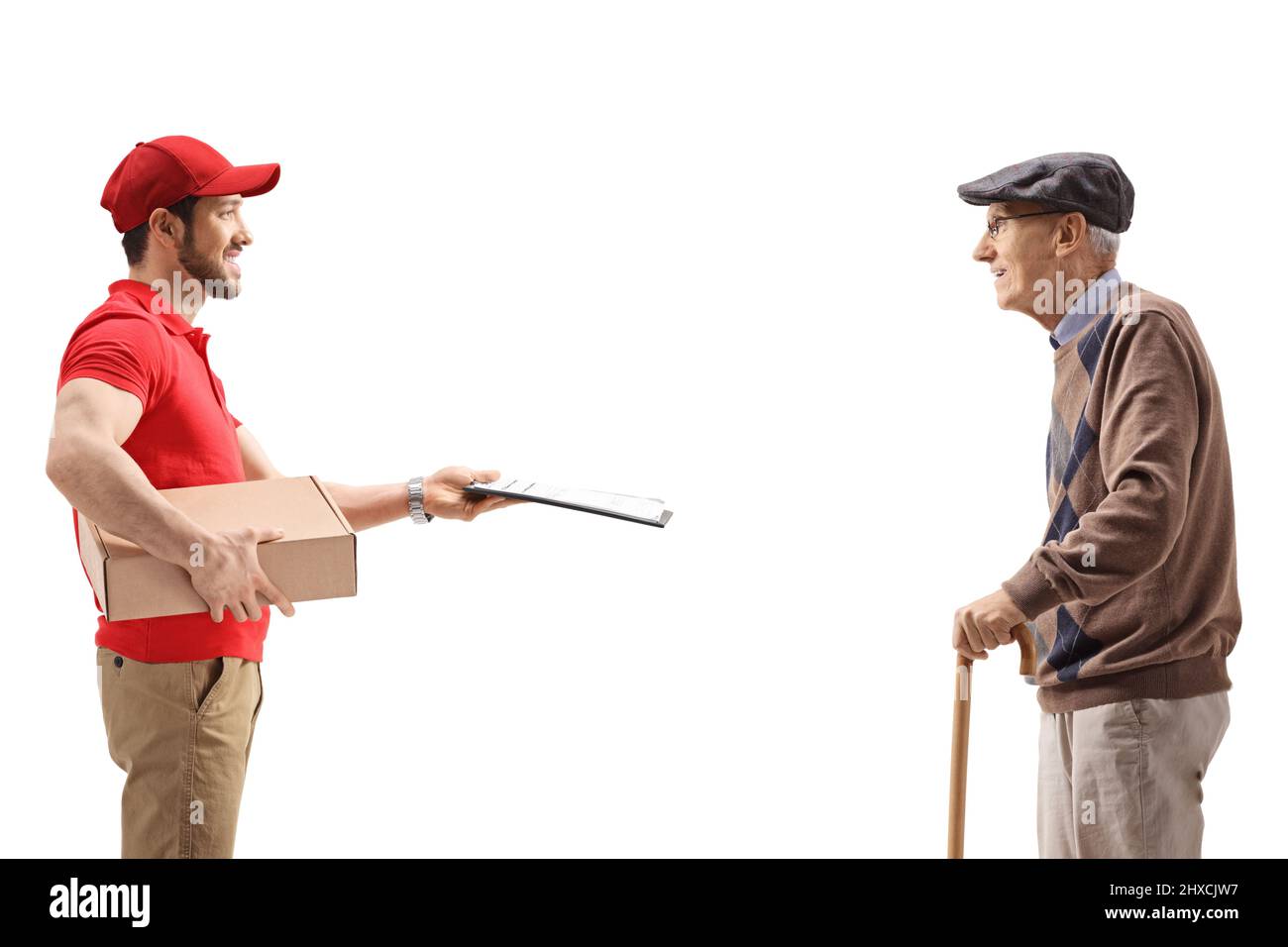 Man delivering a package to an elderly man isolated on white background ...